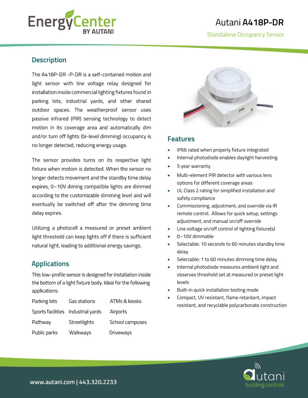 Autani A418P-DR Standalone Occupancy Sensor – Autani Support